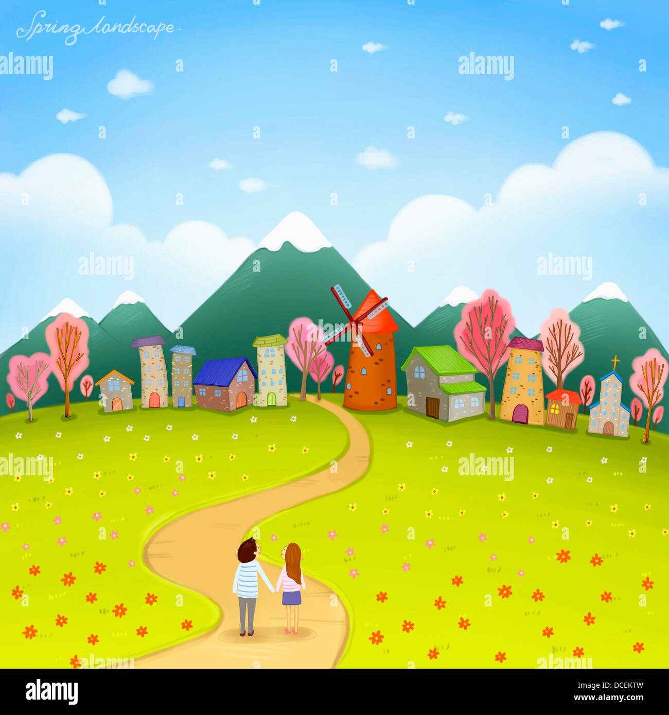 illustration of a village in spring Stock Photo - Alamy