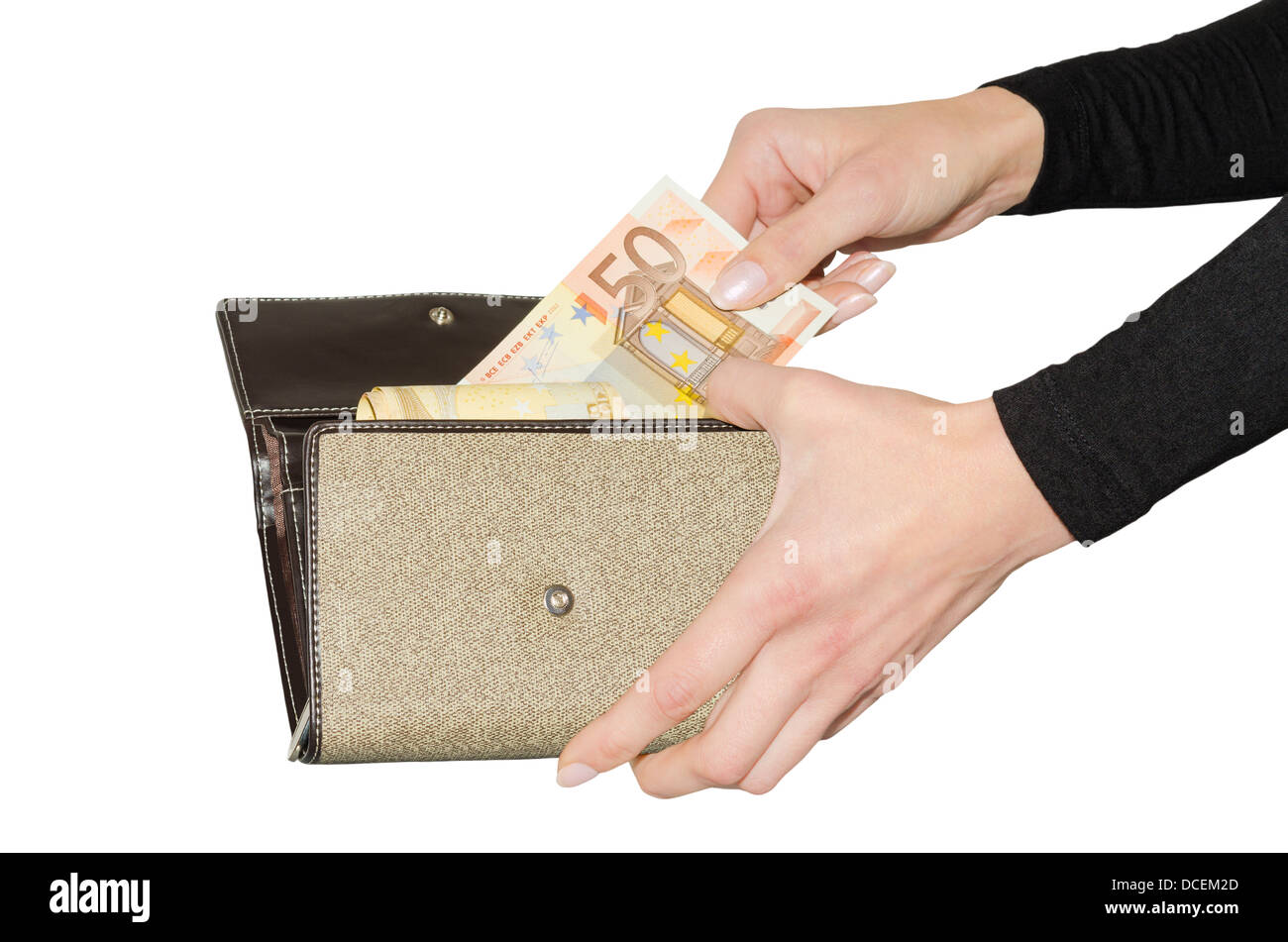 Purse with bundle of 50 euro bank notes in beautiful female hands ...