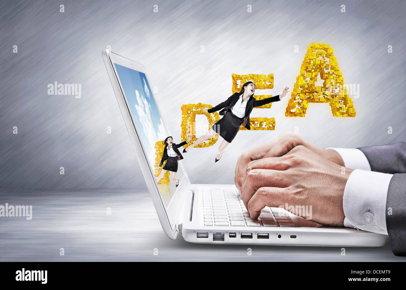 two women flying out from a laptop screen Stock Photo - Alamy