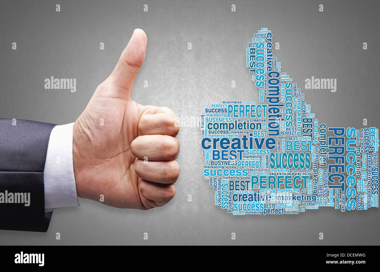 thumbs up by a man and creative words Stock Photo - Alamy