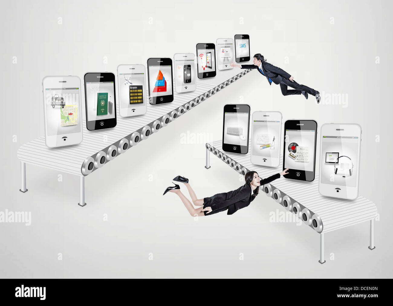 flying people operating on mobile devices Stock Photo - Alamy