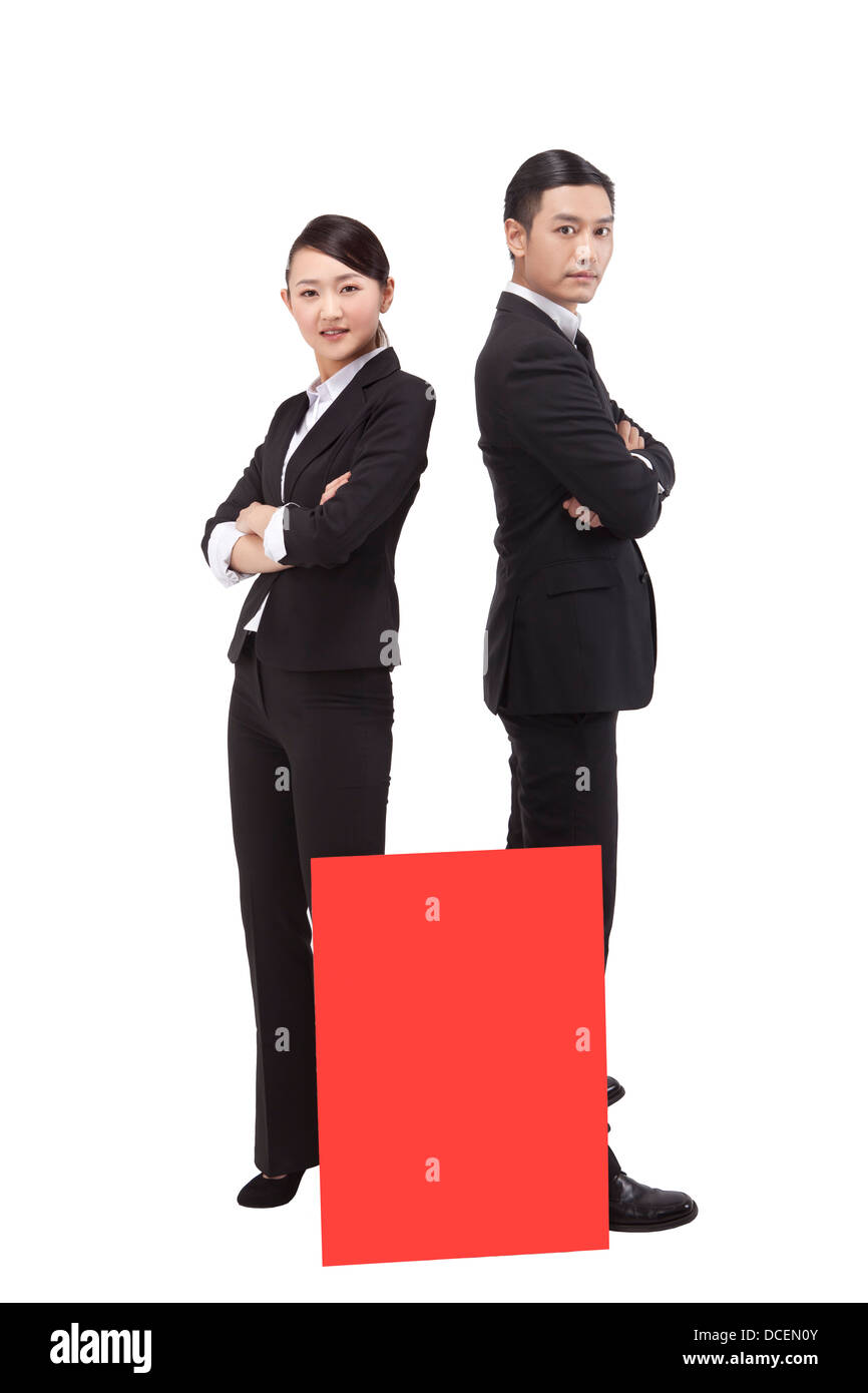 Business people with red cardboard Stock Photo - Alamy