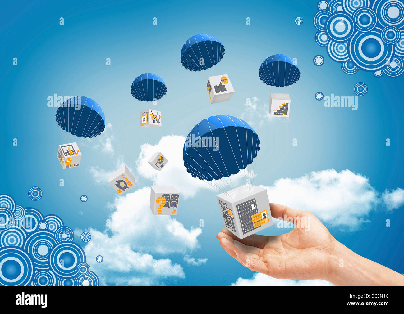 boxes flying with parachutes Stock Photo - Alamy