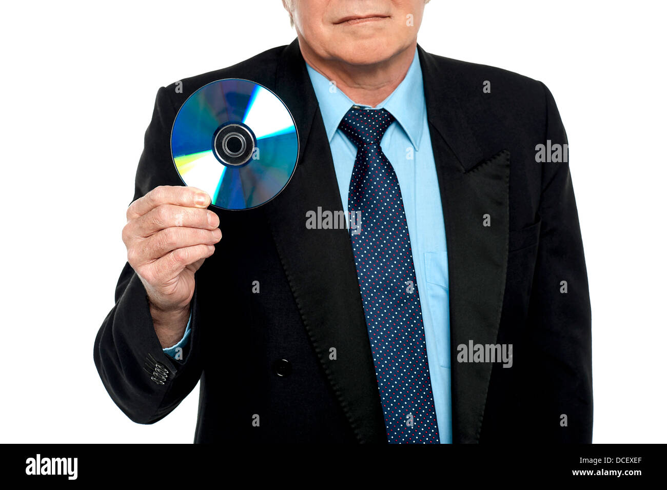 Cropped image of a male showing compact disk to the camera. Blank DVD ...