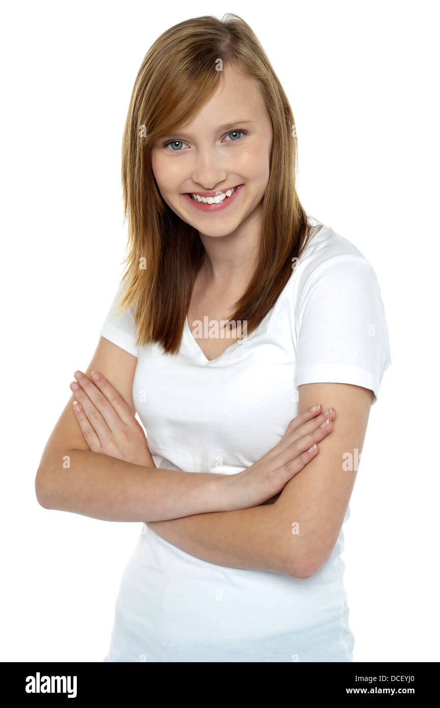 Fashionable Young Girl In Pristine White T Shirt Posing With Her Hands