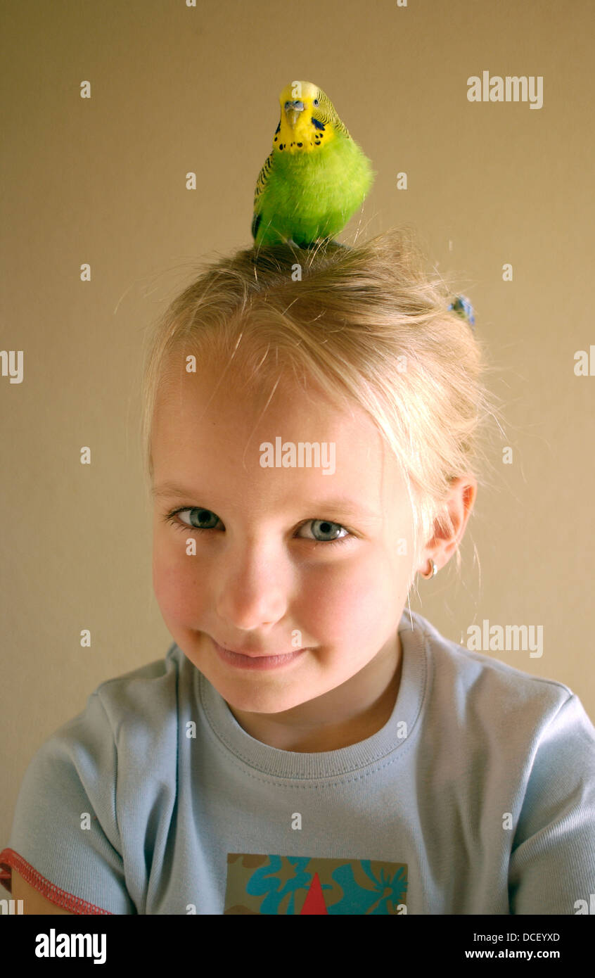 Little girl with a parakeet bird Stock Photo - Alamy