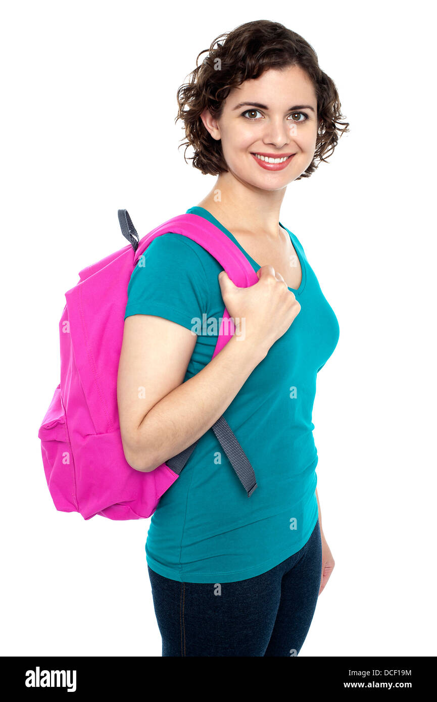 Elegant young woman on white background posing with her pink backpack ...