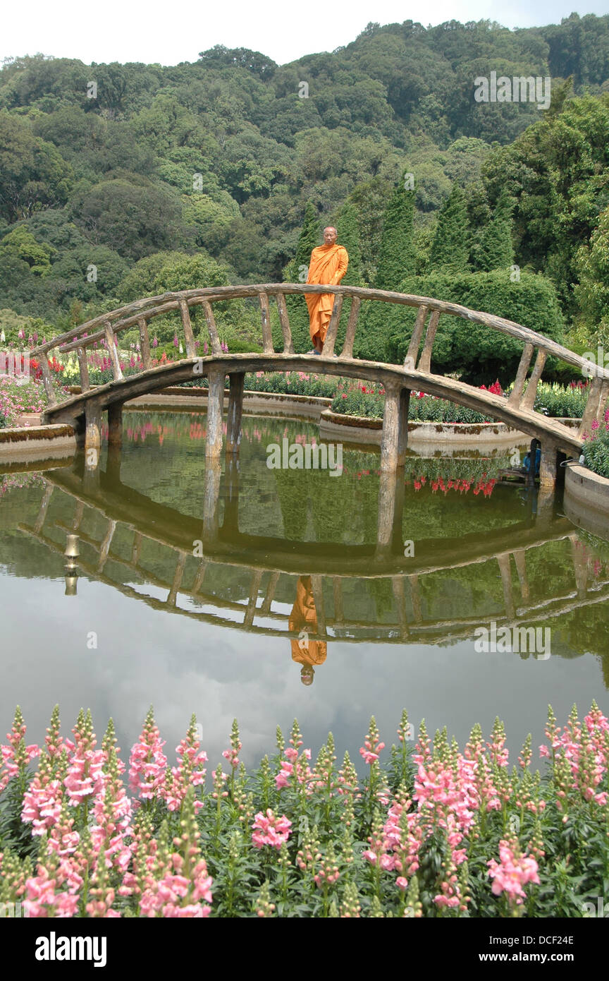 Monk on bridge in temple garden at Doi Inthanon - Chiang Mai Stock ...