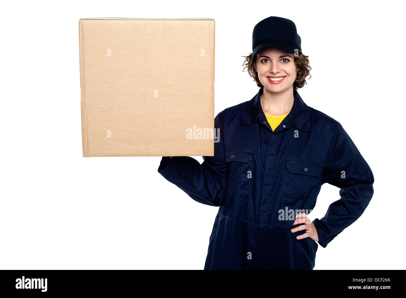 Picture of attractive lady holding cardboard box Stock Photo - Alamy