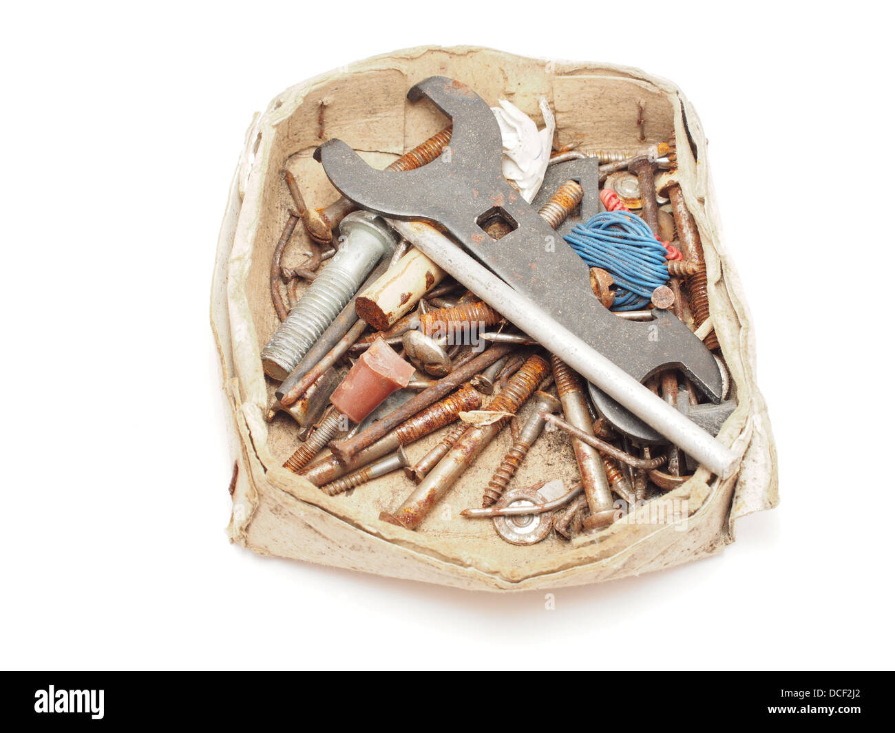 box of nails and tools on a white background Stock Photo - Alamy