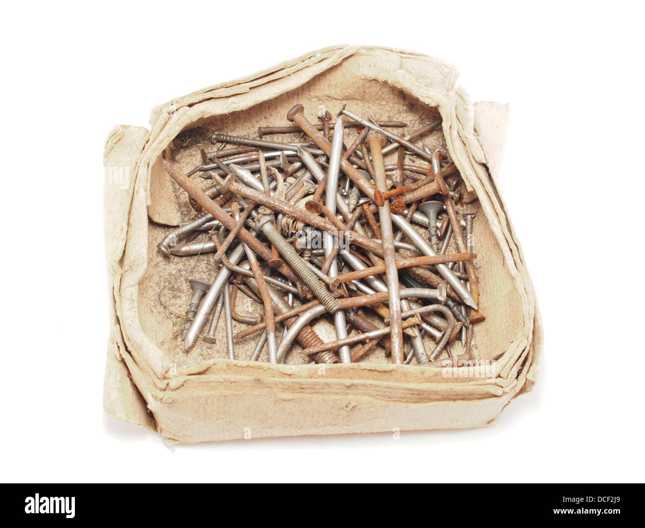 box of nails and tools on a white background Stock Photo - Alamy