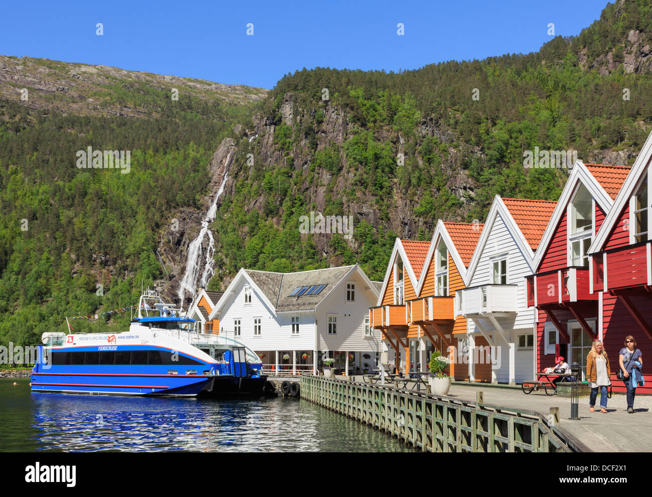 Tourists fjord cruise boat moored in Mofjorden in pretty Norwegian ...