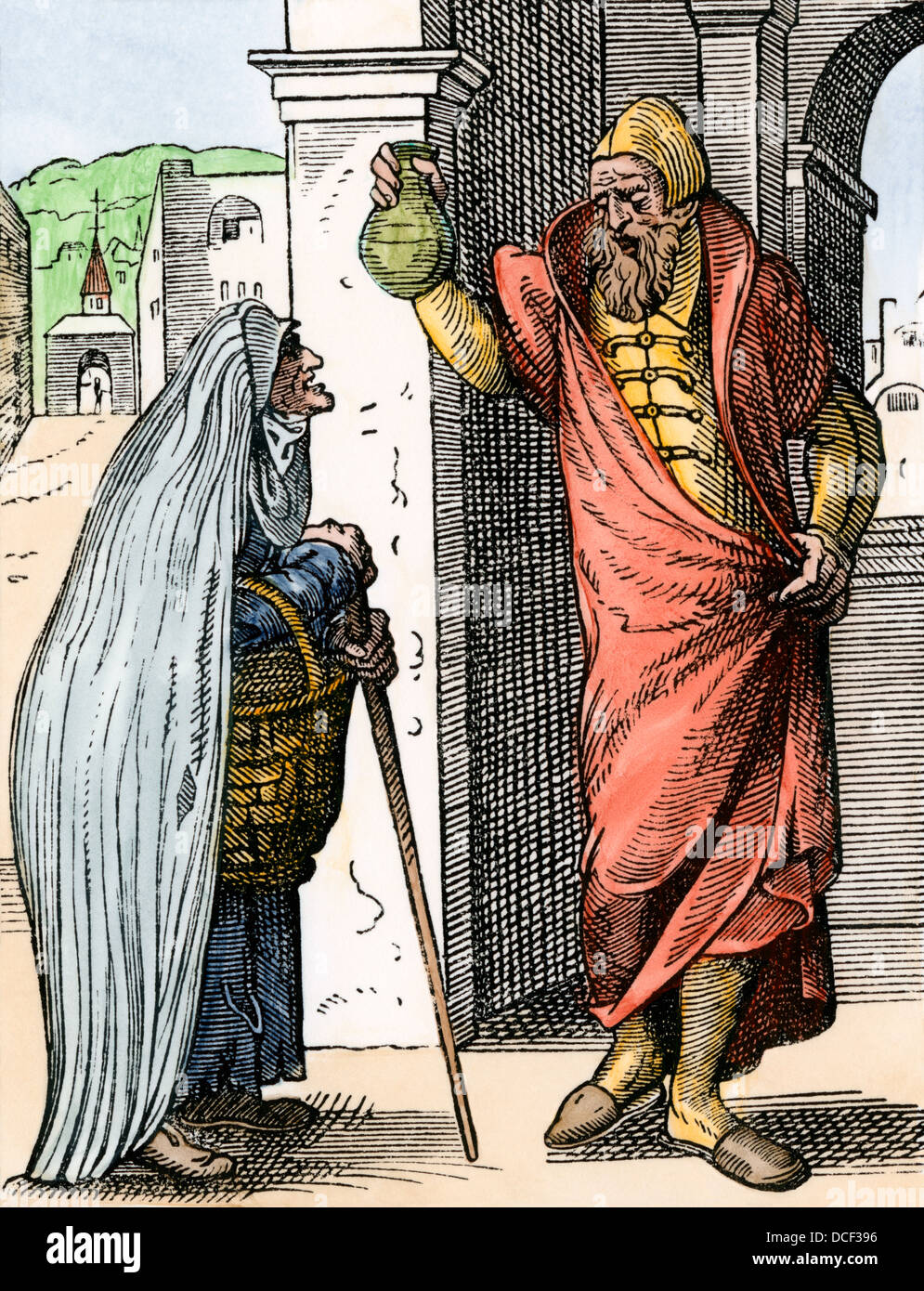 Physician giving medicine to an old woman, 1500s. Hand-colored woodcut ...