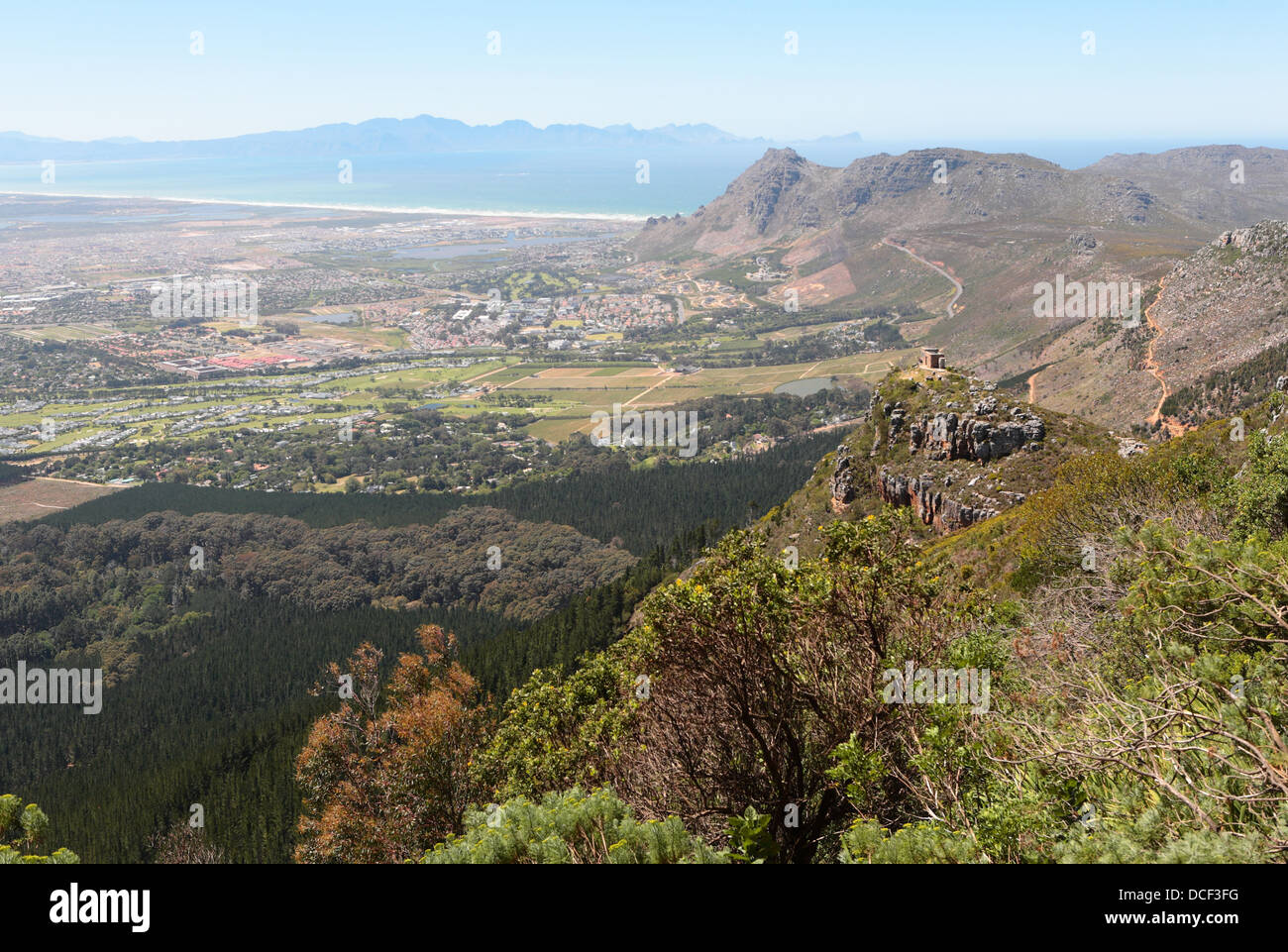 Aerial view of fire watch cabin, Cape Town suburbs and False Bay from ...