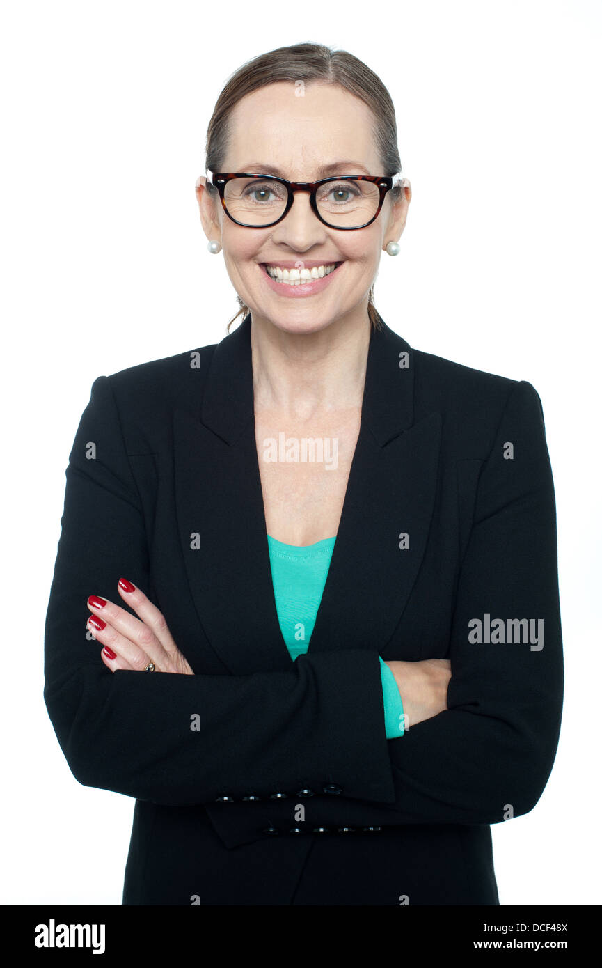 Bespectacled woman posing confidently. Isolated against white ...