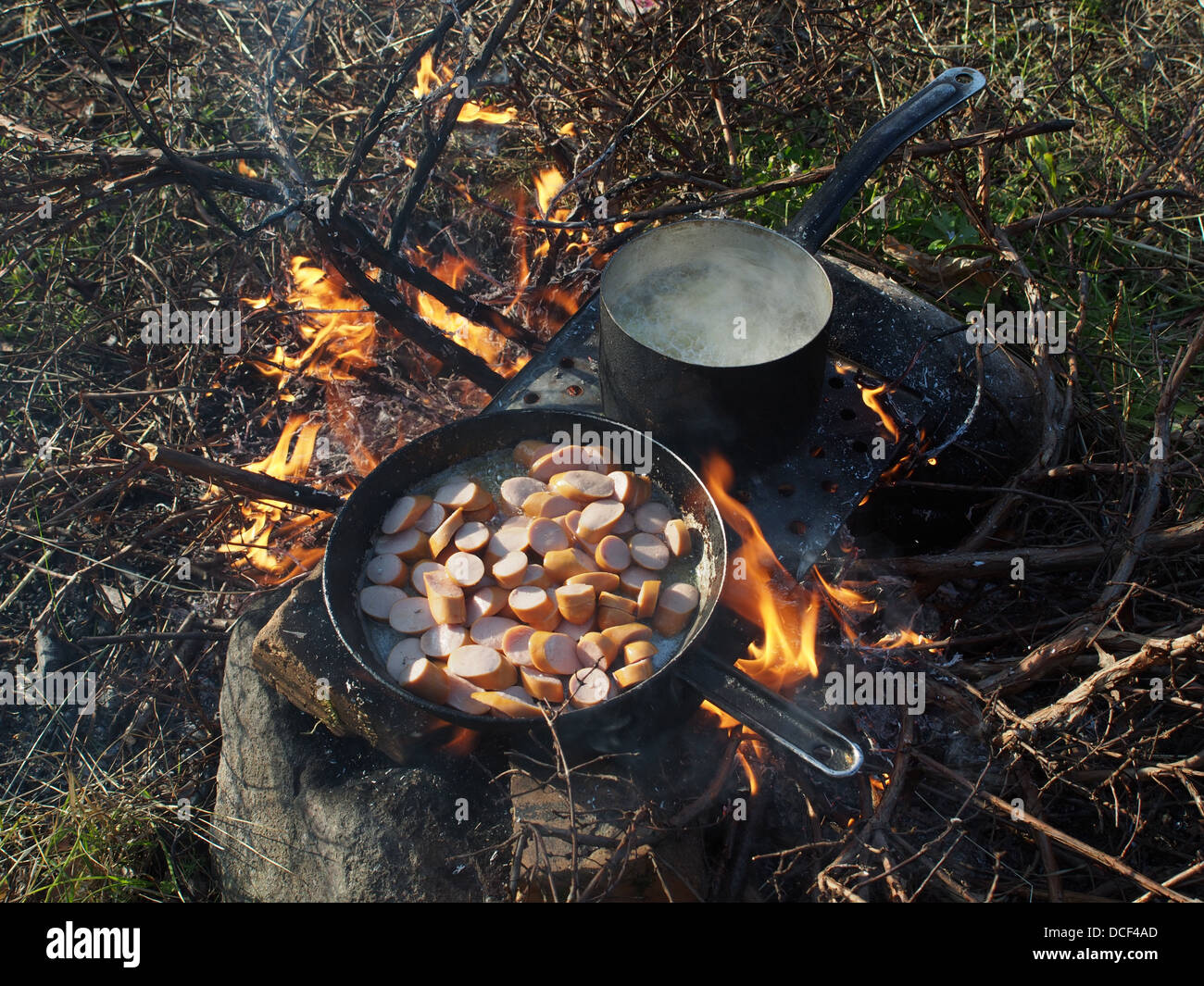 Frying pan and a pot on the fire Stock Photo - Alamy