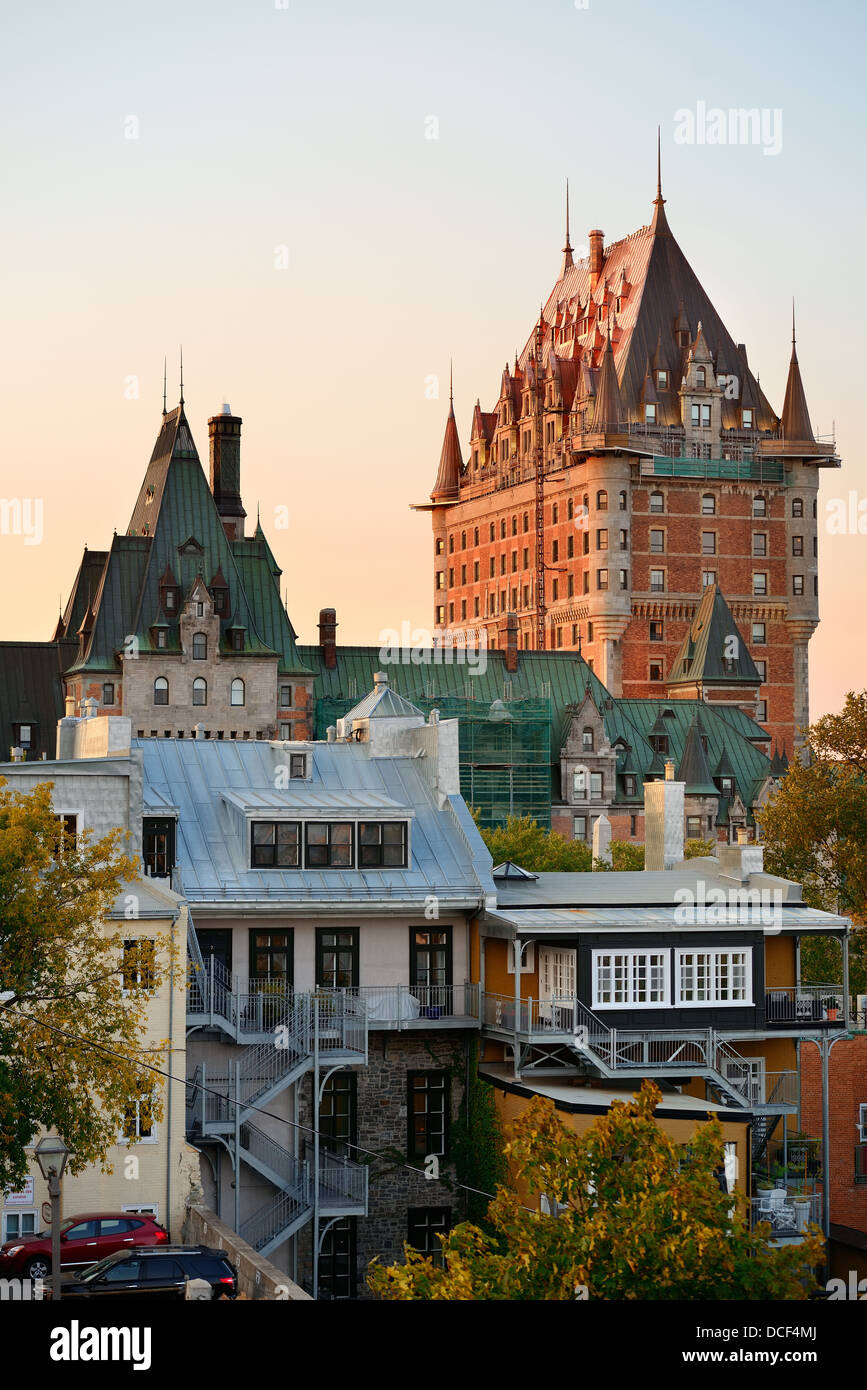 Quebec City skyline with Chateau Frontenac at sunset viewed from hill ...