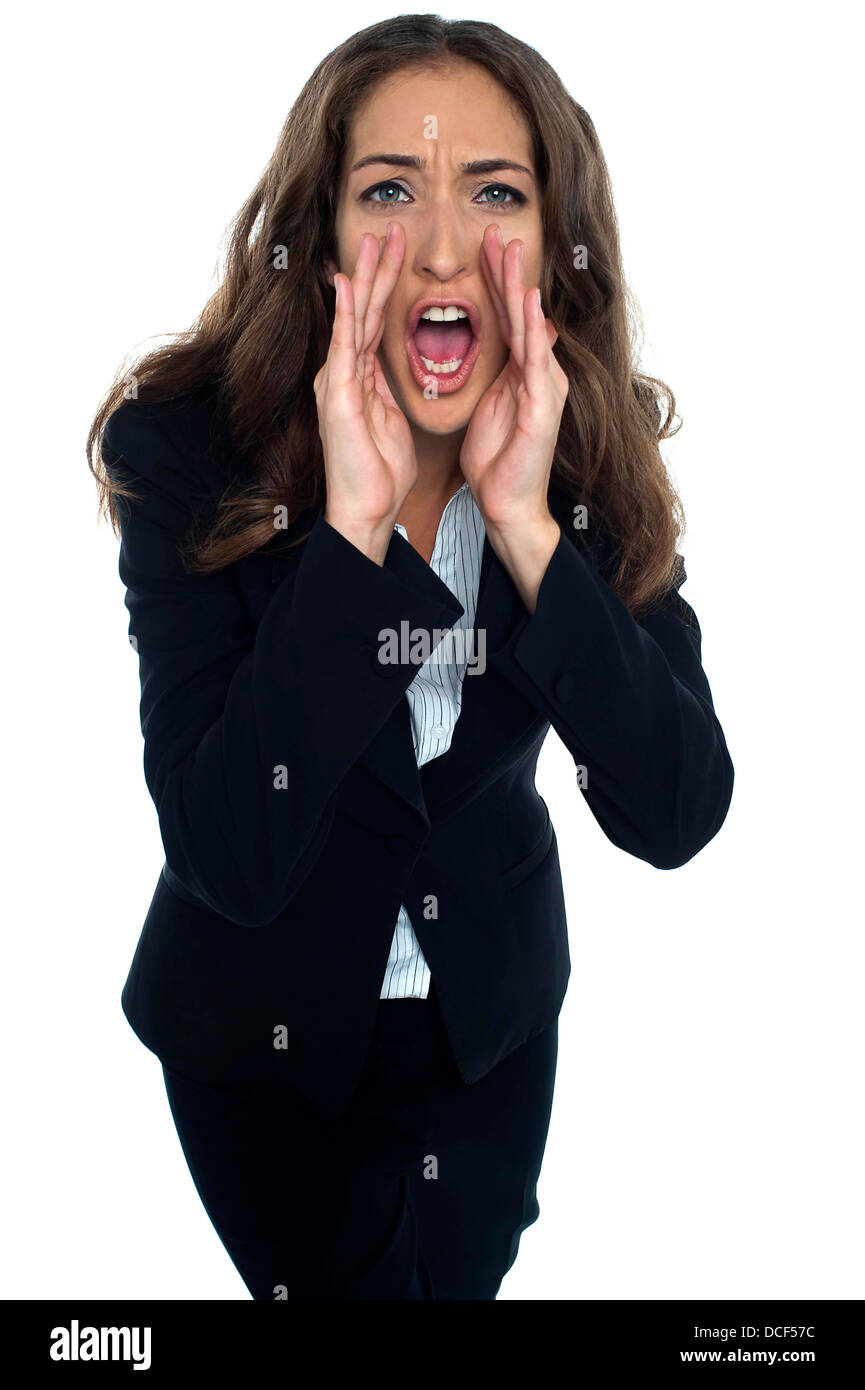 Cry of a young woman executive. All on white background Stock Photo - Alamy
