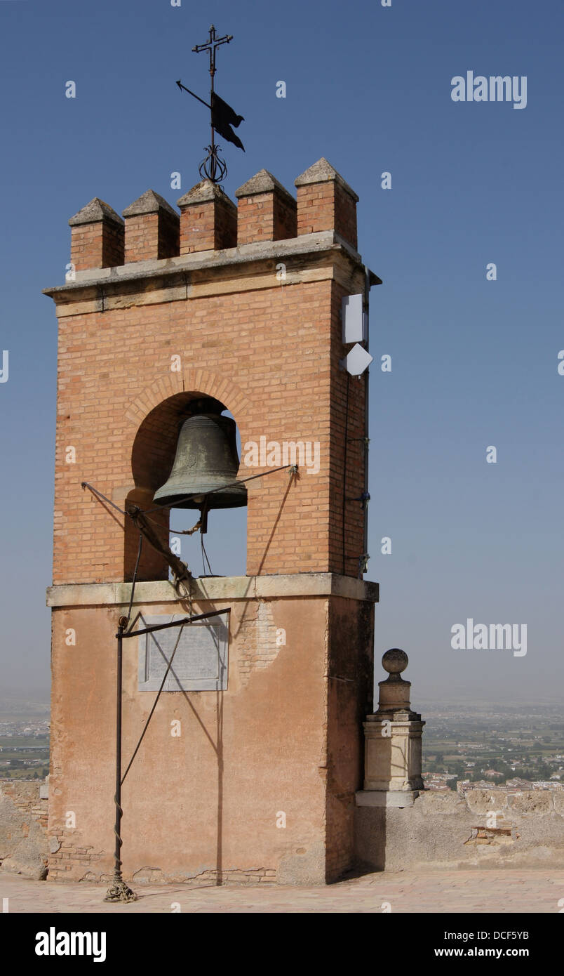 The bell gable at the top of the Torre de la Vela in Alcazaba, Alhambra ...