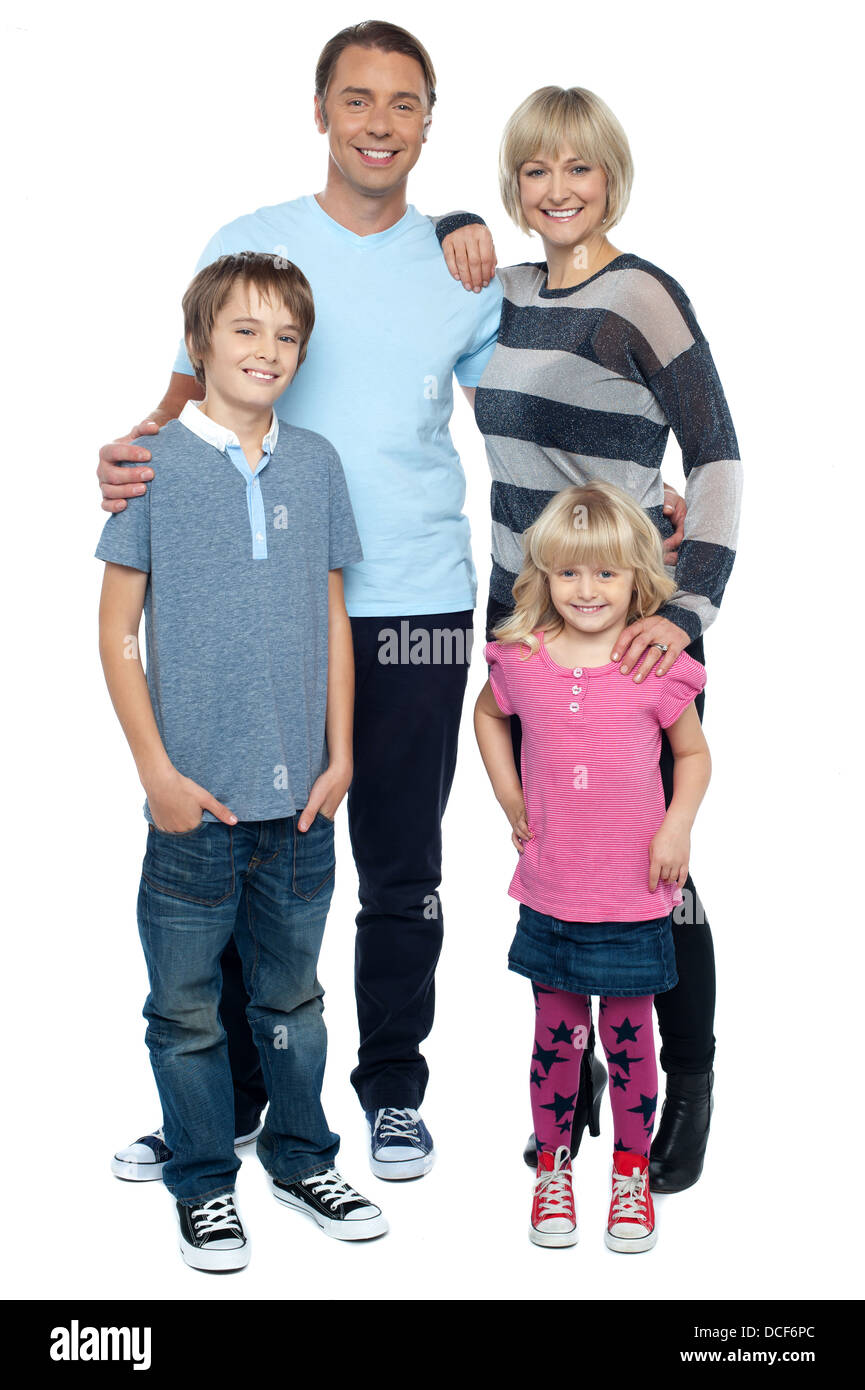 Portrait of happy family of four on white background Stock Photo - Alamy