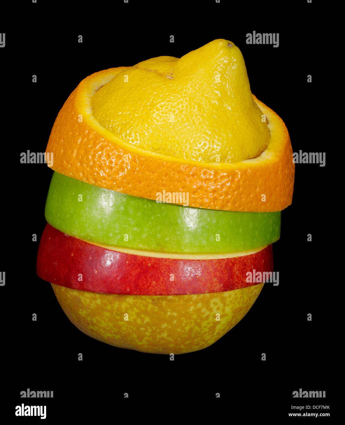 composite fruit made of various fruit slices in black back Stock Photo ...