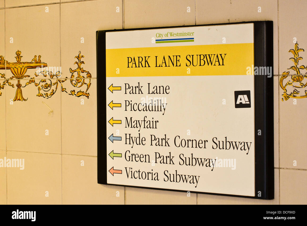 Direction sign inside Park Lane subway, London Stock Photo - Alamy
