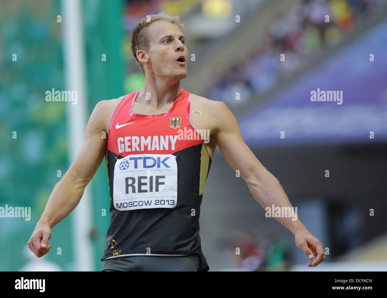 Moscow, Russia. 16th Aug, 2013. Christian Reif of Germany reacts in the ...