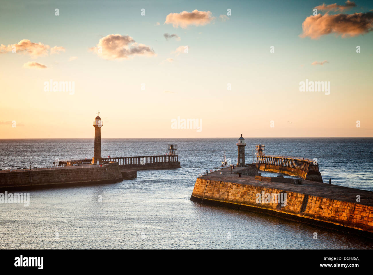 Whitby Harbour, North Yorkshire, England - sunset at Whitby Harbour, a ...
