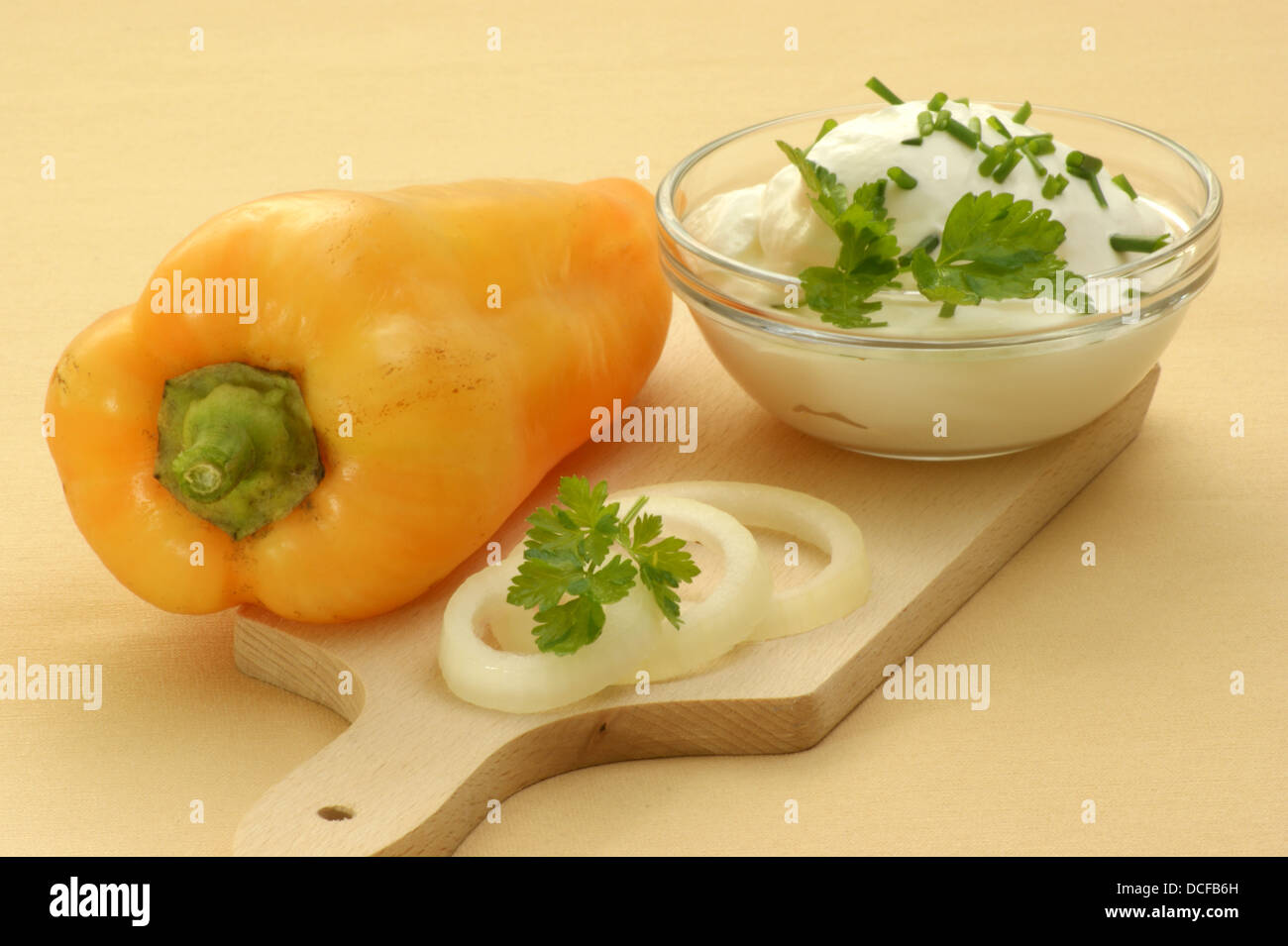 cottage cheese with yellow paprika and onion Stock Photo - Alamy
