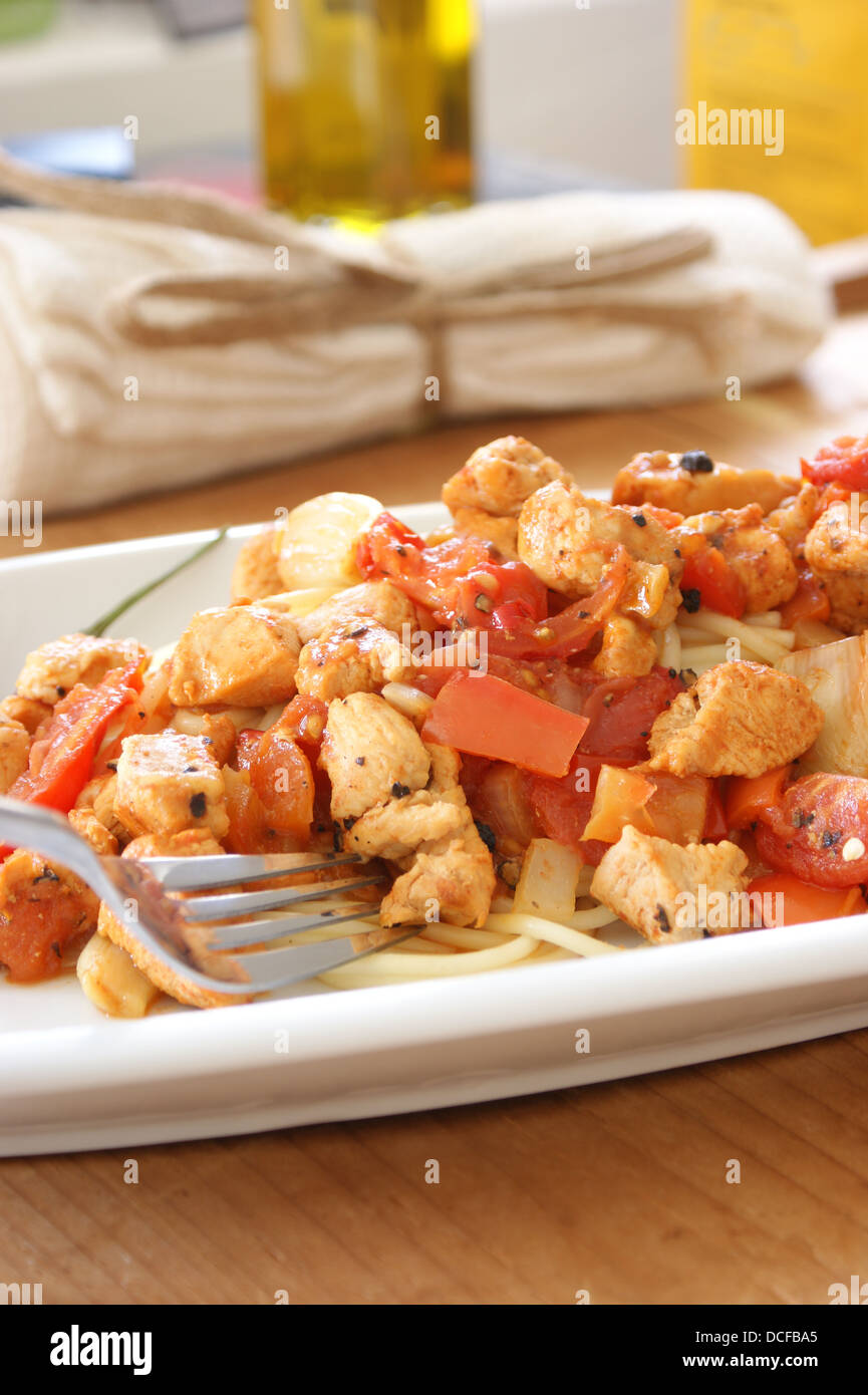Spaghetti with tomato and chicken meat on a plate Stock Photo - Alamy