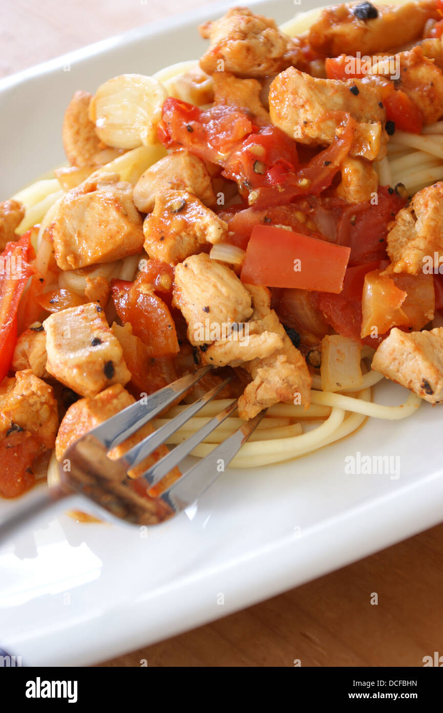 Spaghetti with tomato and chicken meat on a plate Stock Photo - Alamy
