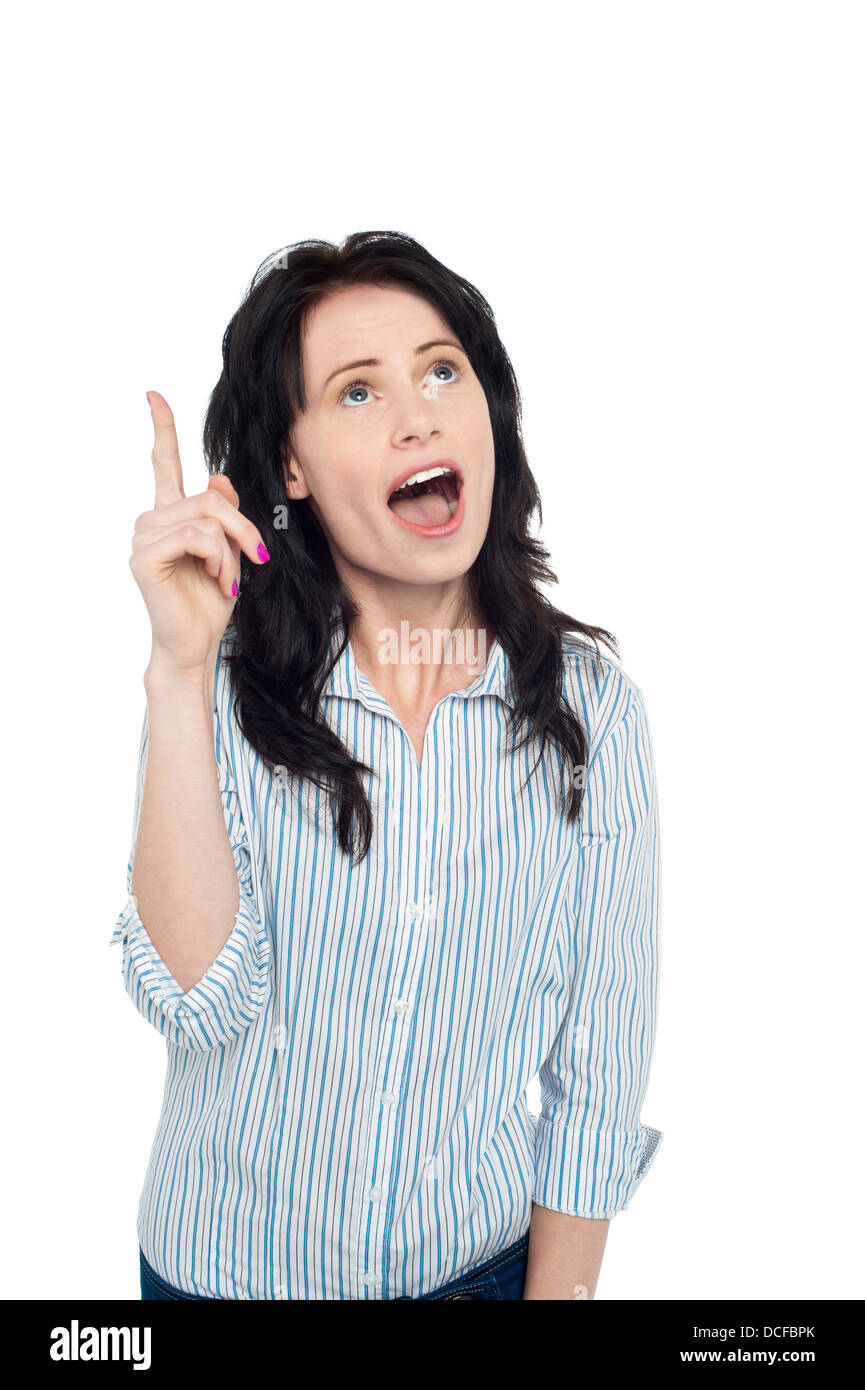 Astonished Young Woman Pointing Her Index Finger Upwards Mouth Wide