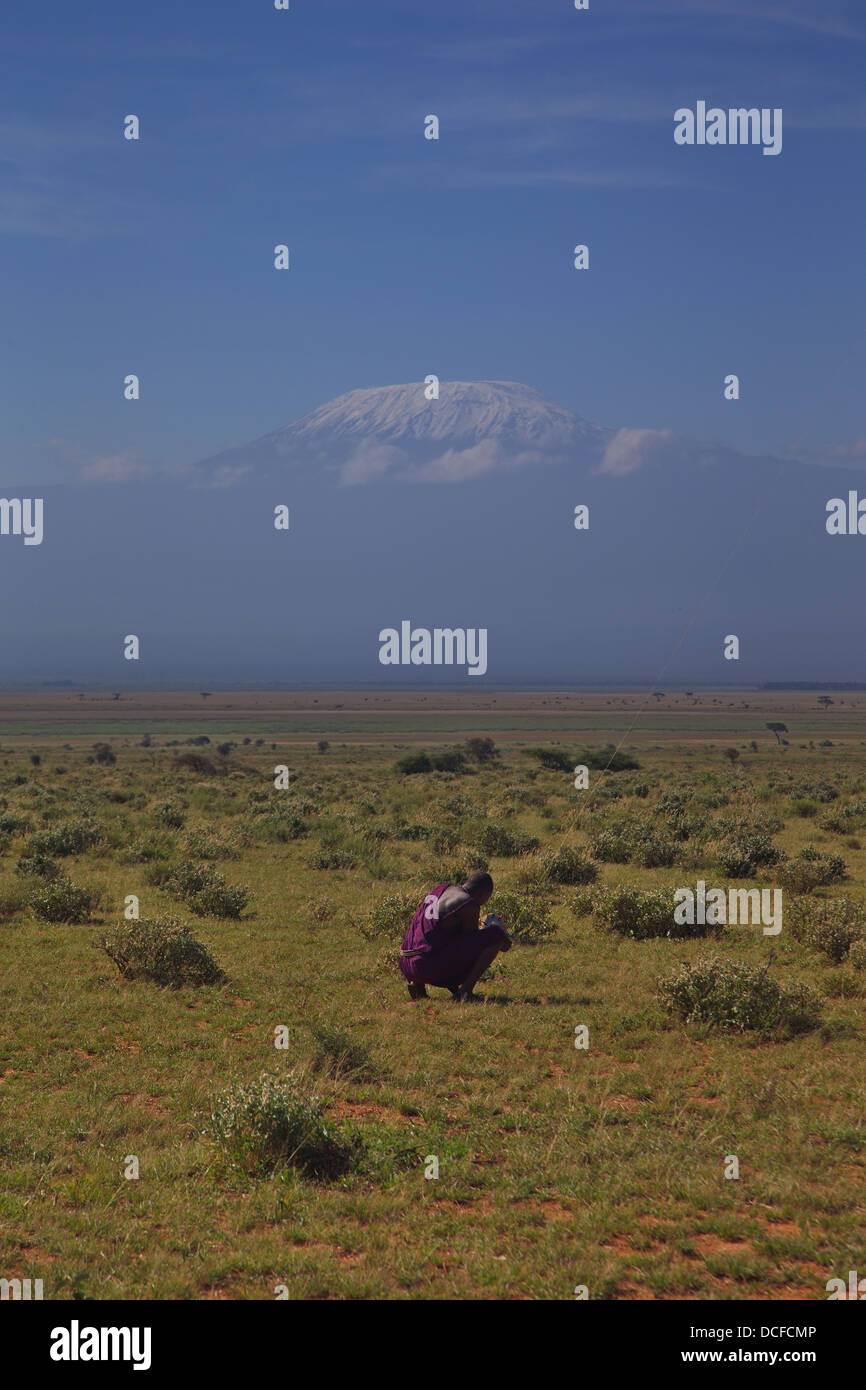 Masai Warriors flying a kite for the first time. Amboselli area. Kenya ...
