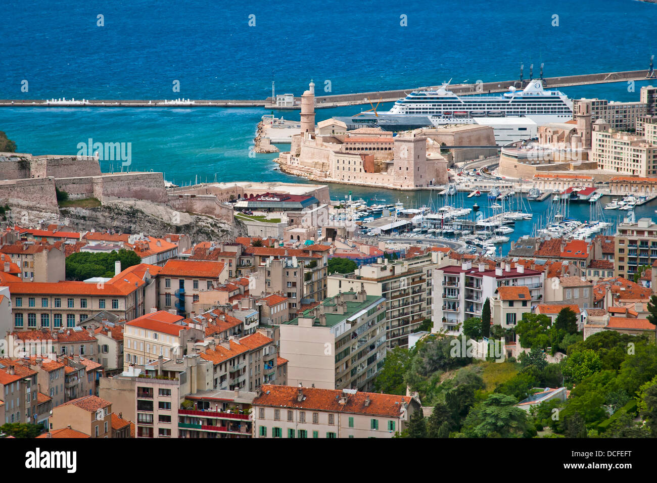 Harbor bay panorama tower, citadel, old harbor, Marseille, France Stock ...