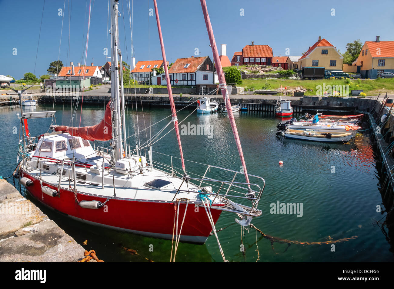 Small harbor in Gudhjem on Bornholm, Denmark Stock Photo - Alamy