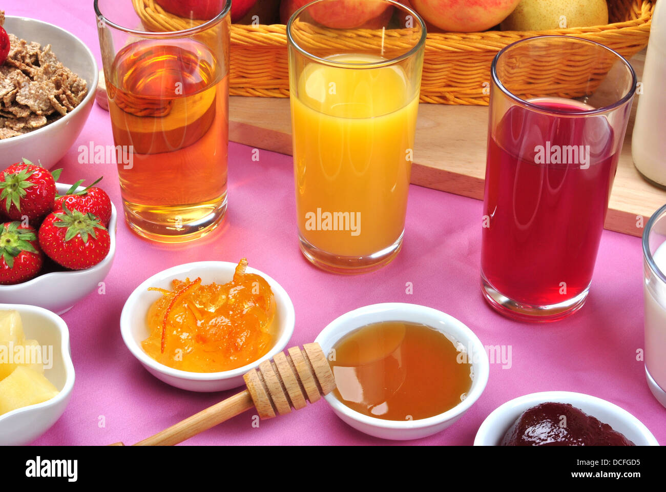 full breakfast with organic juice and jam Stock Photo - Alamy