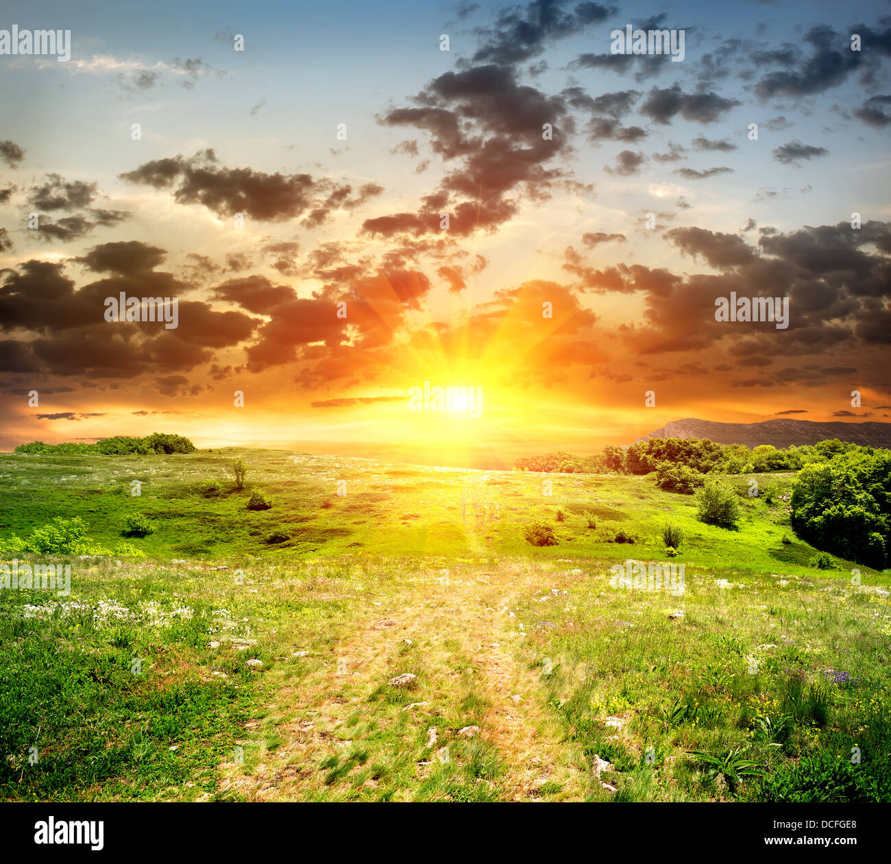 Footpath in the mountain plateau at the sunset Stock Photo - Alamy