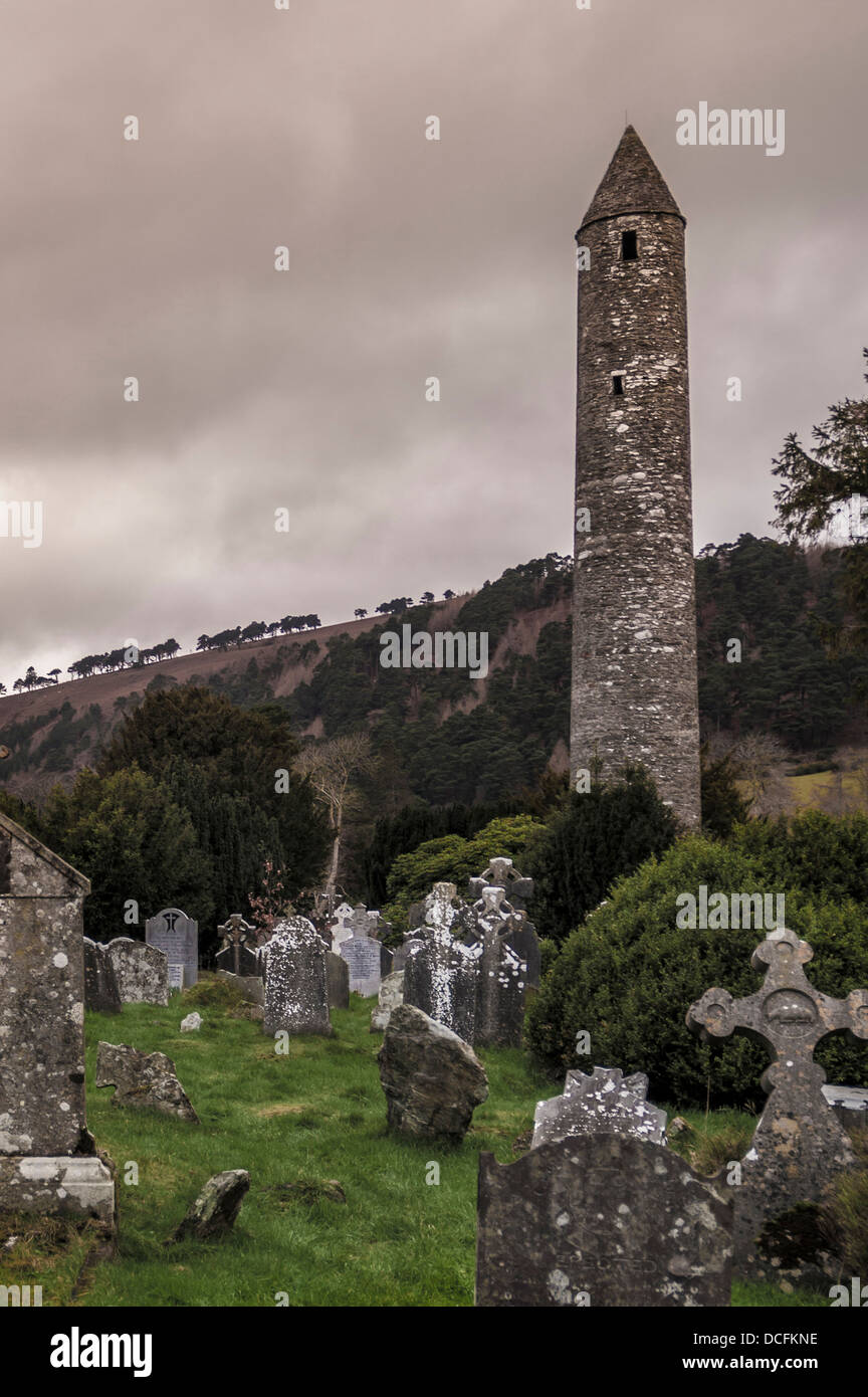 The Round Tower in the Monastic City, Glendalough Valley, Ireland Stock ...
