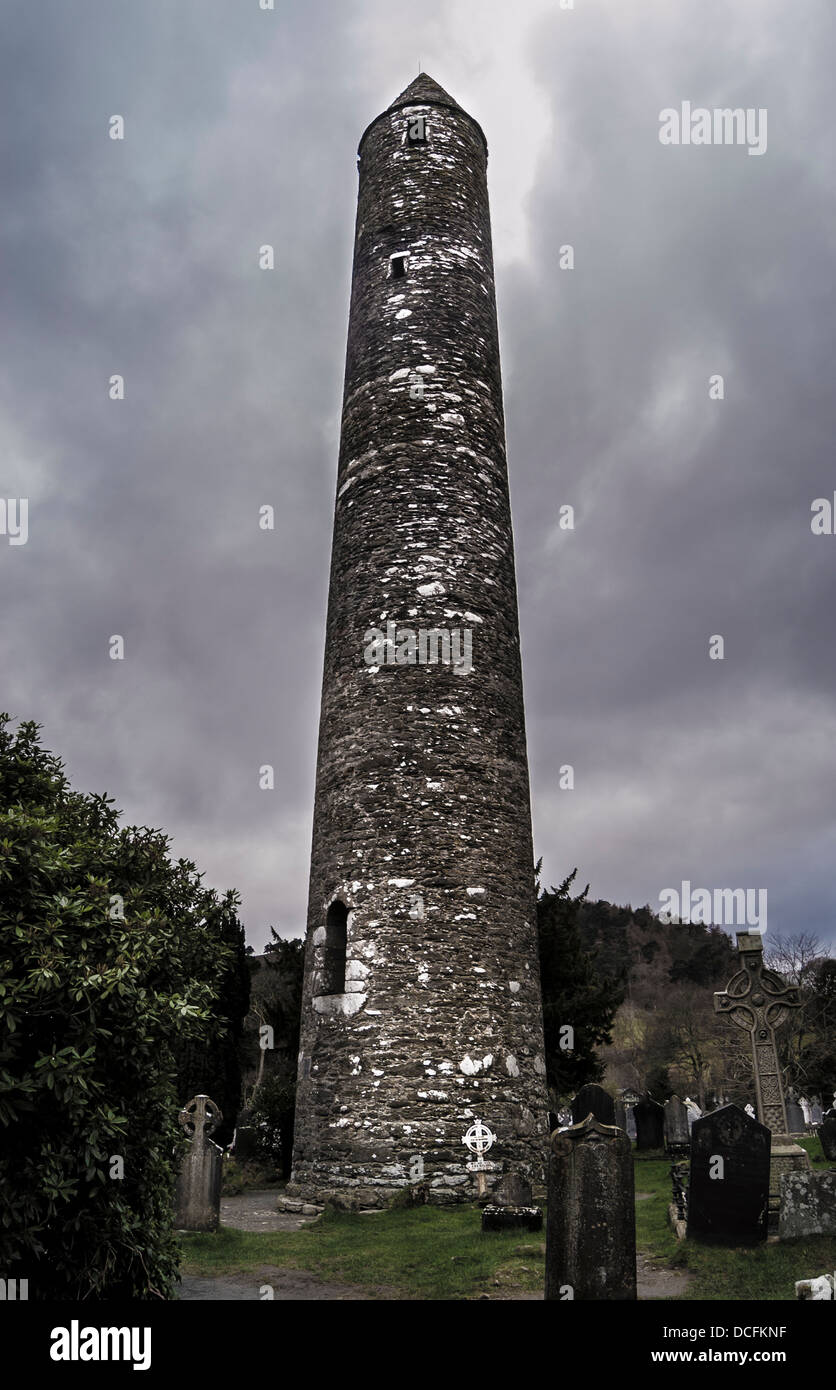 The Round Tower in the Monastic City, Glendalough Valley, Ireland Stock ...