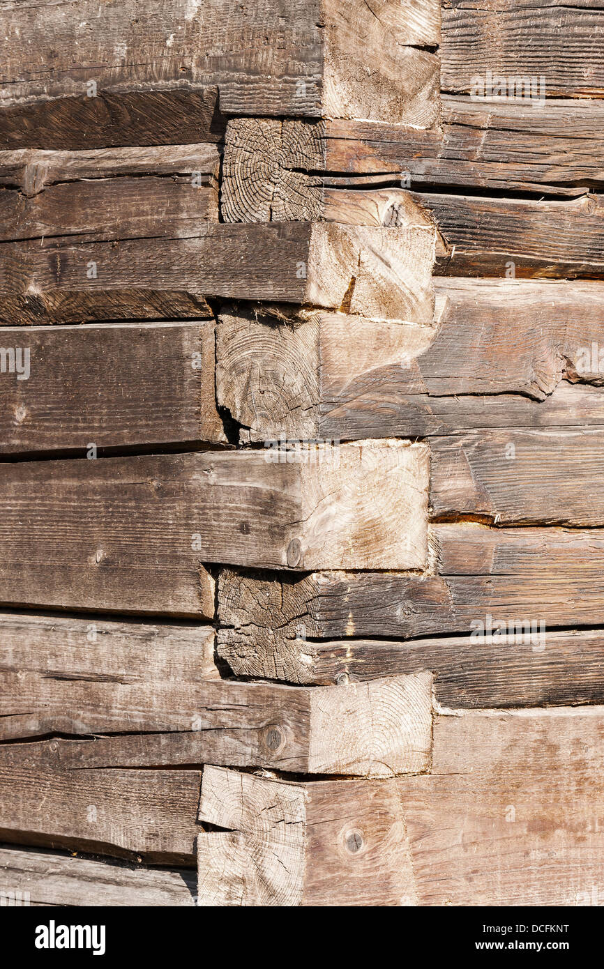 Closeup of an old timber wall made of large tree trunks Stock Photo - Alamy