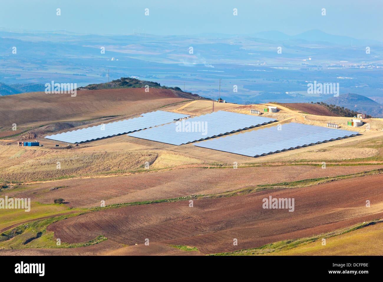 Hillside View Of Farmland With Solar Panels; Andalusia,Spain Stock ...