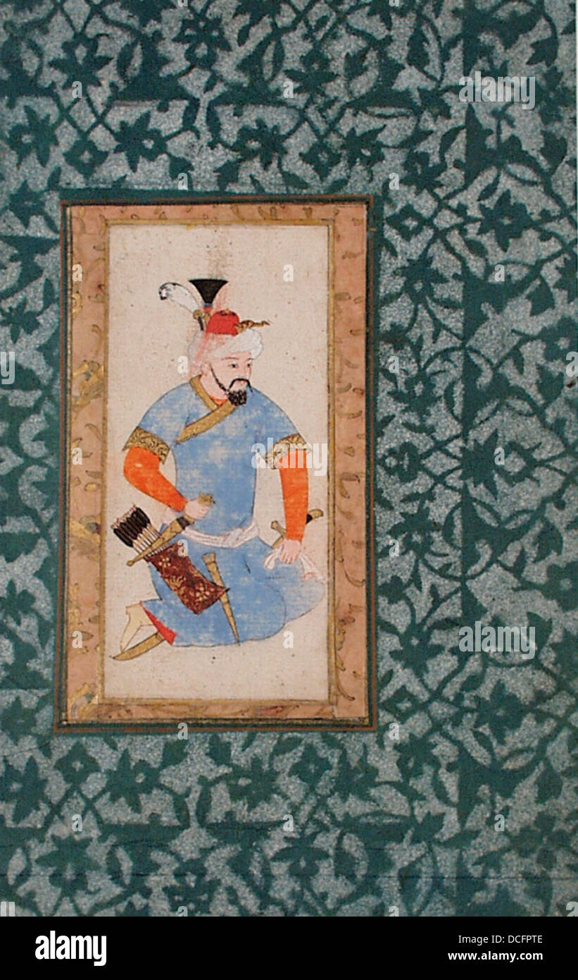 This portrait depicts a warrior in a kneeling position with his right ...