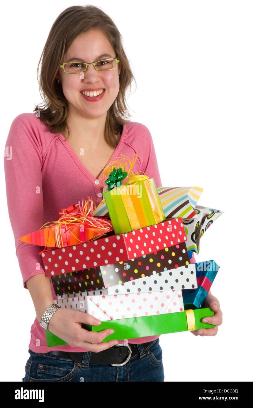 Spoiled girl with many presents Stock Photo - Alamy