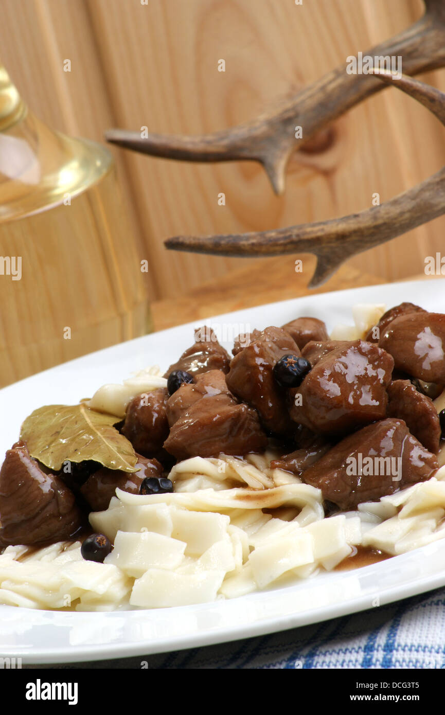 home made noodle and organic deer goulash Stock Photo - Alamy