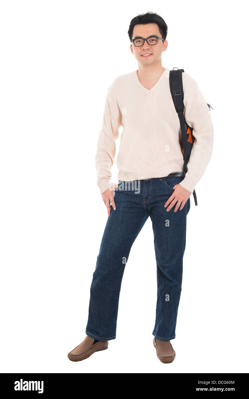 Front view full body Asian adult student in casual wear with school bag ...