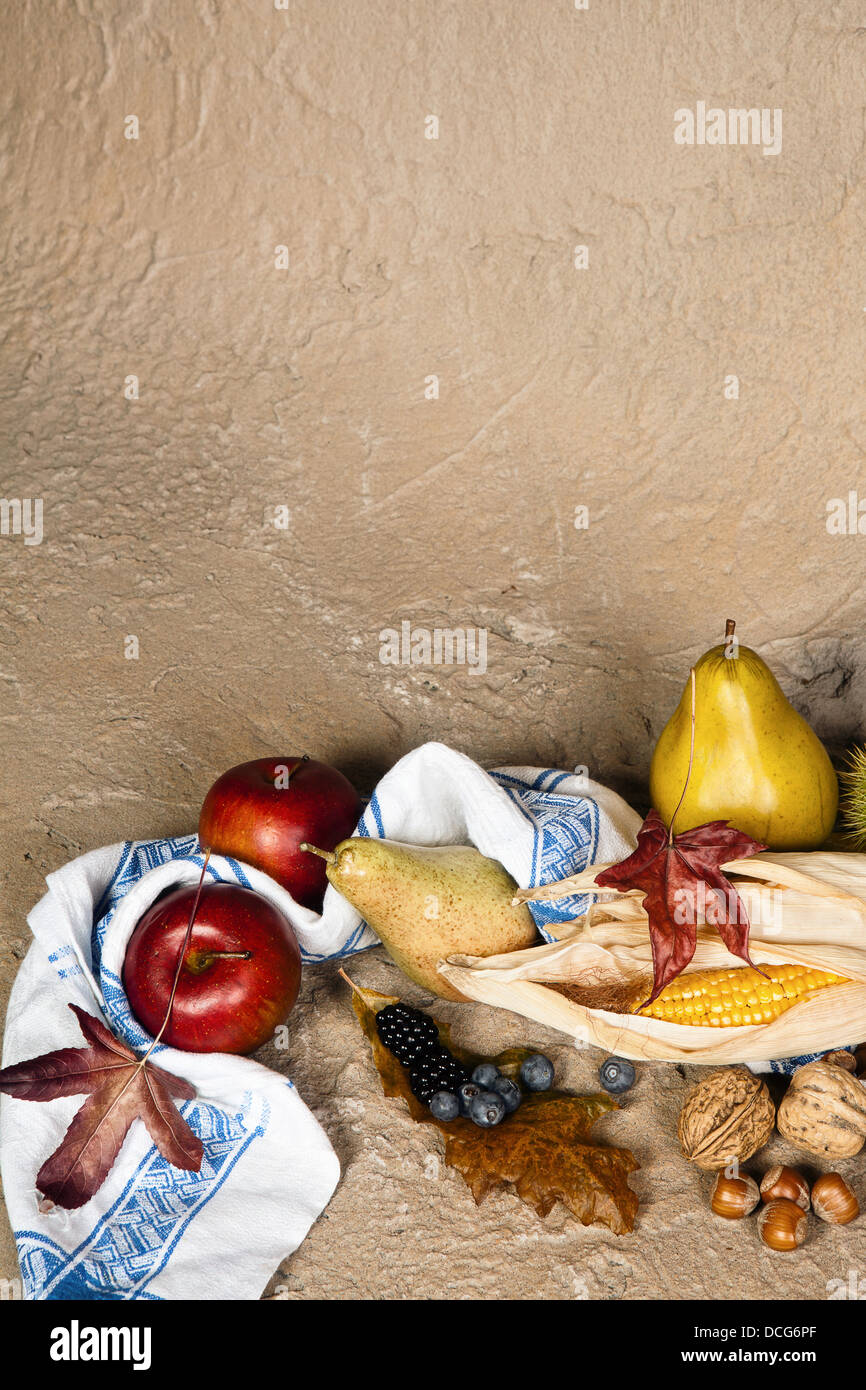 Grunge image of atumn fruits leaves and nuts Stock Photo - Alamy