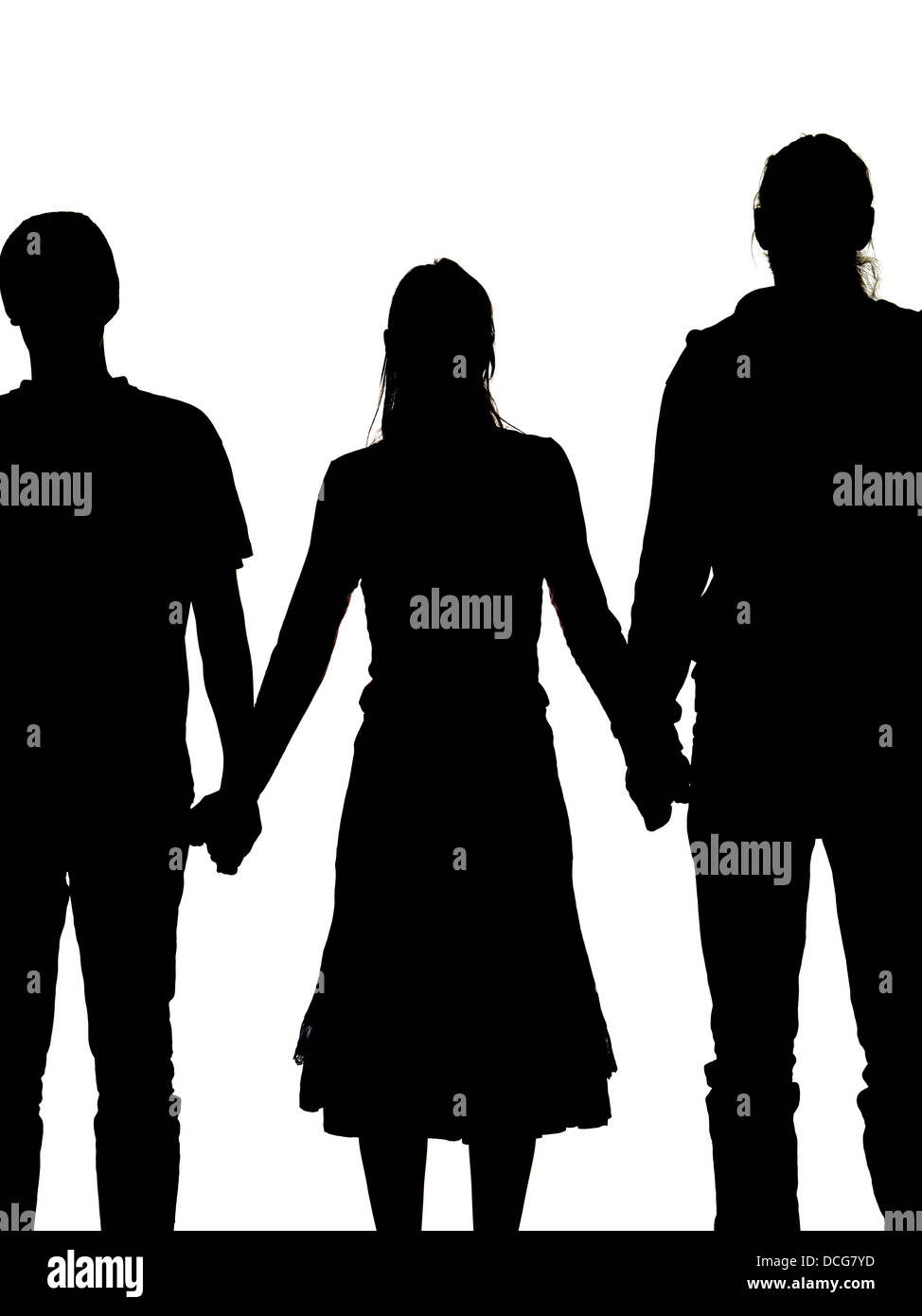 silhouette of a woman and two men holding hands Stock Photo - Alamy