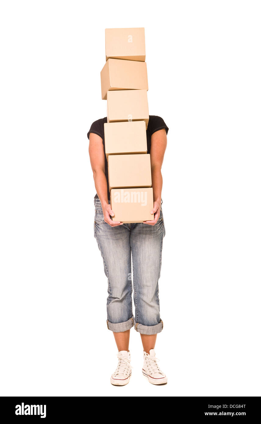 Woman carrying cardboard boxes Stock Photo - Alamy