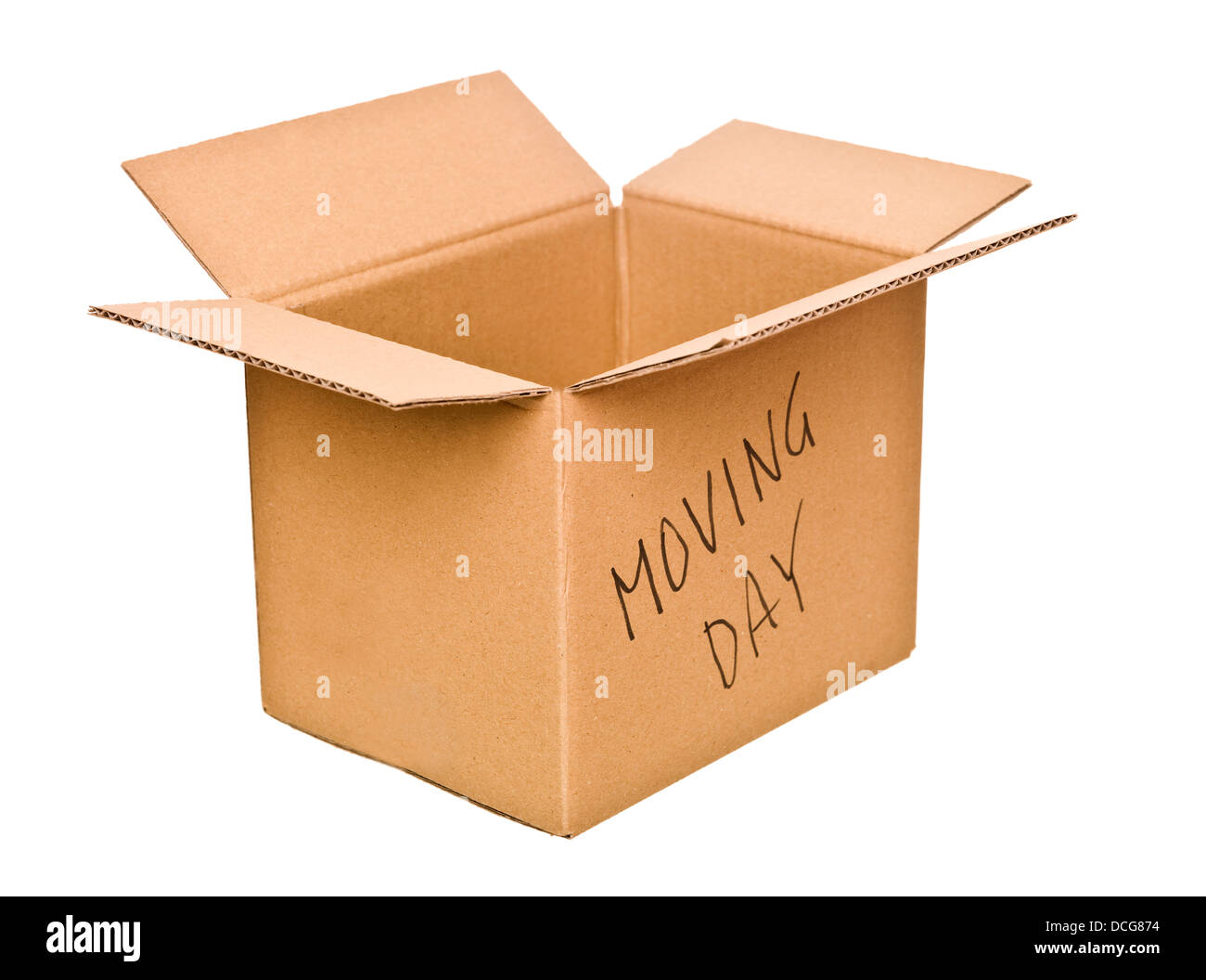 Cardboard box marked Moving Day Stock Photo - Alamy