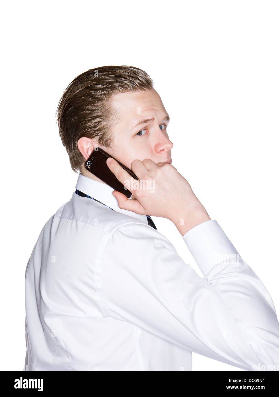 Man from behind, speaking in the phone Stock Photo - Alamy